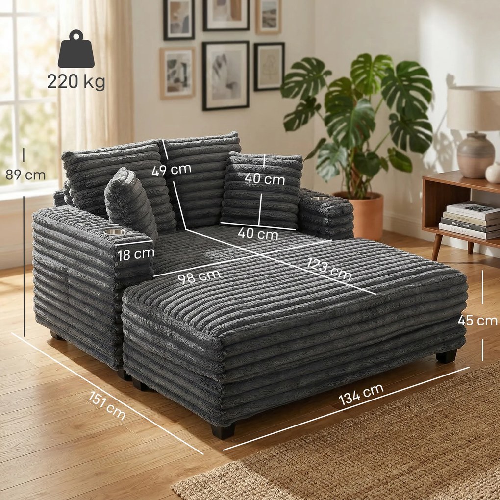 HOMCOM rozkládací pohovka pro 2 osoby s chaise, šedý kordurový potah, polštářky, područky s držáky na nápoje – 134 × 151 × 89 cm