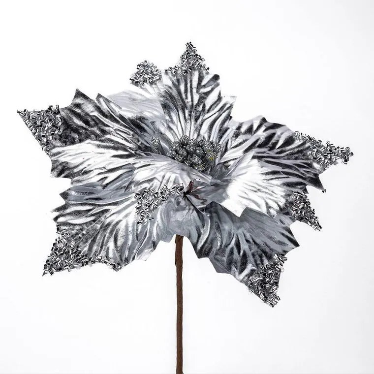Květ POINSETTIA třpytivá 20 cm, stříbrná