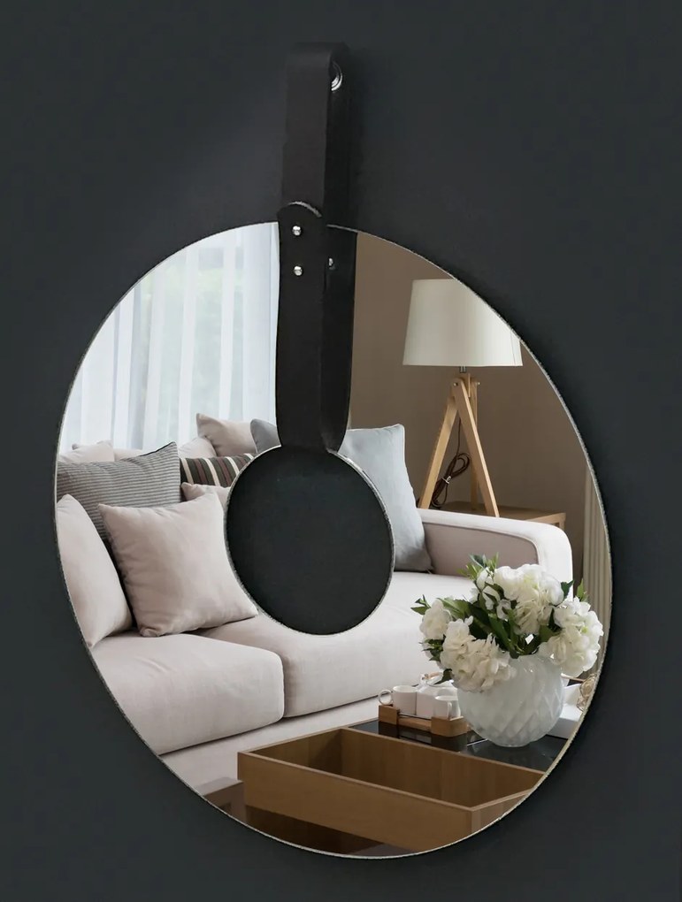 Amirro Kruhové zrcadlo na zeď do pokoje ložnice koupelny předsíně kulaté RING s dekorativním závěsem z pravé kůže 909-332