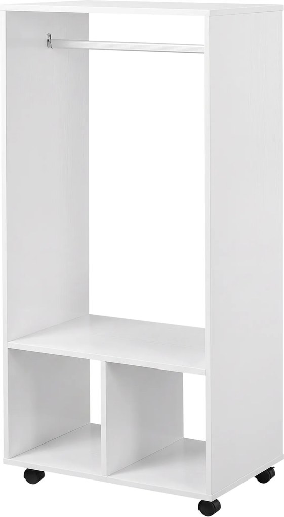 HOMCOM Skříň na kolečkách s otevřenými policemi organizátor pro oblečení s věšákem 60x40x128 cm Bílá
