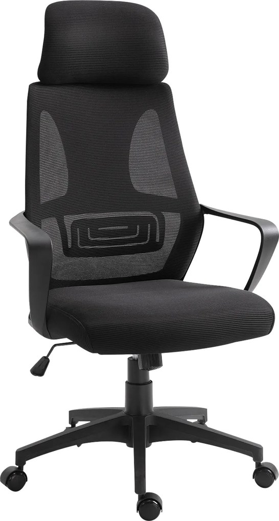 Vinsetto kancelářská židle s nastavitelným opěradlem, područkami, hlavovou opěrkou, kolečky a houpací funkcí, nosnost 120 kg, 64x55x116-126 cm, černá