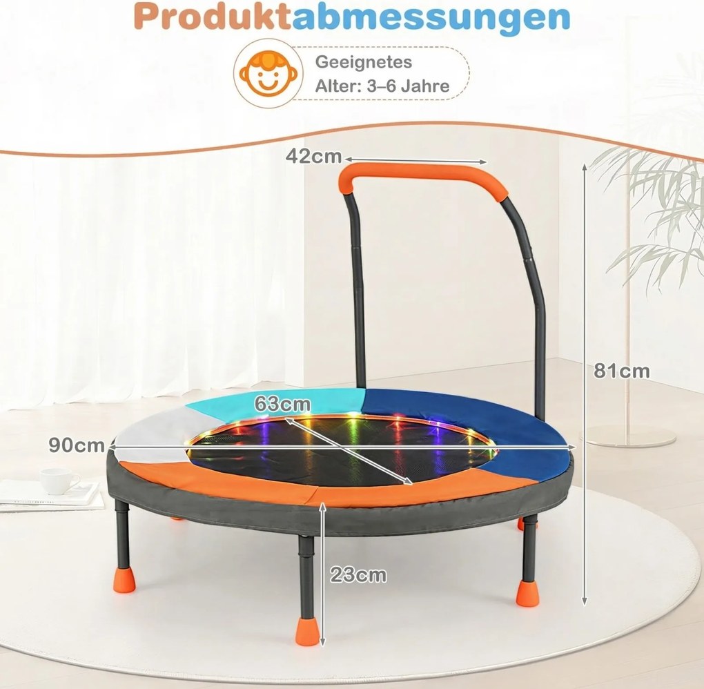 Costway Dětská trampolína Ø90 cm s LED osvětlením a madlem