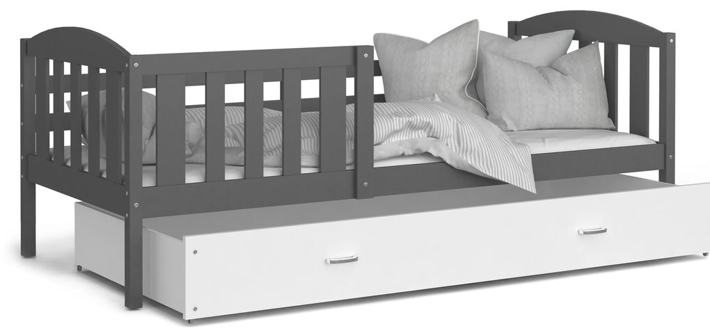 Svět pokojů Dětská postel Kurt s úložným prostorem 190x80 cm rám ŠEDÝ/BÍLÝ Barva rámu: šedá, Matrace: Ano, Barva dílů: růžová