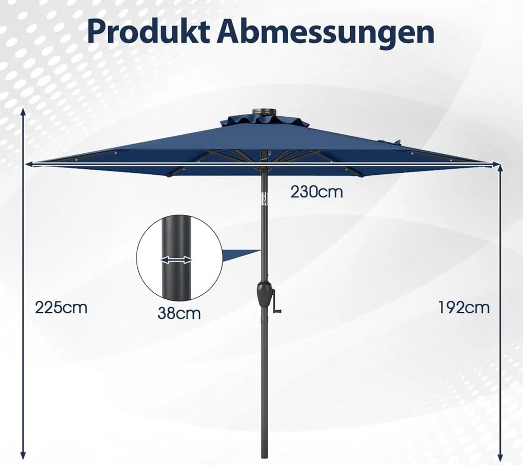 Costway Slunečník 230 cm s LED solárním osvětlením a klikou tmavě
