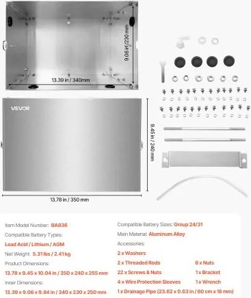 Krabice na baterie VEVOR, Skupina 24/31 – 350 × 240 × 255 mm