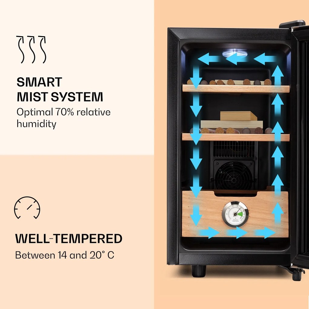 Klarstein El Presidente 23, humidor na doutníky, 23 l, 45 W, LED, dotykové ovládání, bukové dřevo