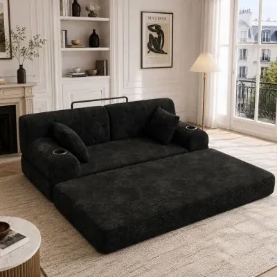 Aosom Dvojnásobně stlačená manšestrová pohovka, kovový rám, 2 držáky na nápoje a 4 boční kapsy, 168D x 80Š x 81V cm, černá
