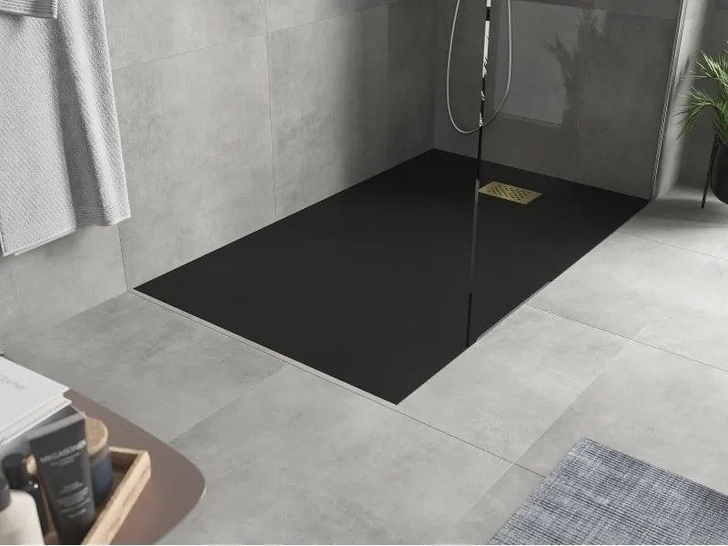Mexen Hugo, obdélníková sprchová vanička SMC 160 x 70 cm, černá, zlatá krytka, 42707016-G