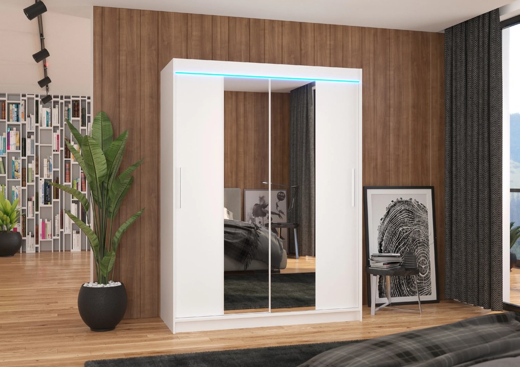ADRK Furniture Posuvná skříň se zrcadlem a LED osvětlením INESS 150
