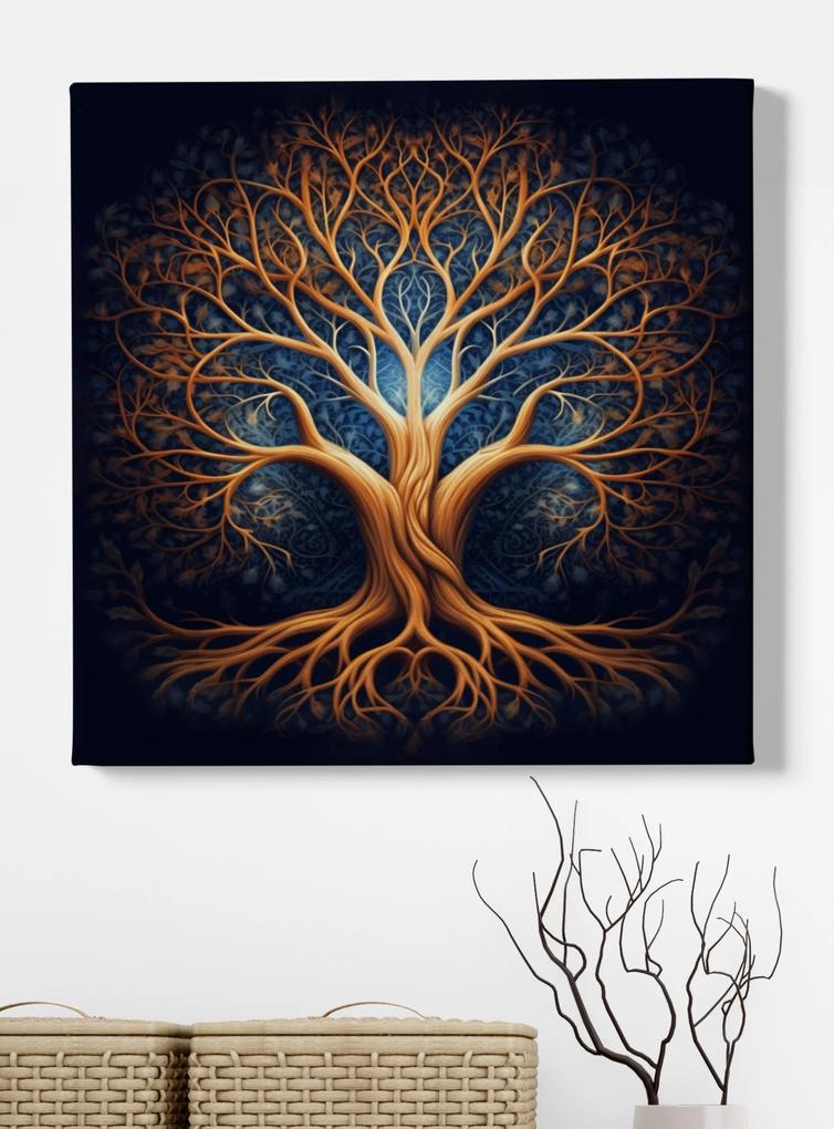 Obraz na plátně - Zlato modrý strom života na černém pozadí FeelHappy.cz Velikost obrazu: 120 x 120 cm