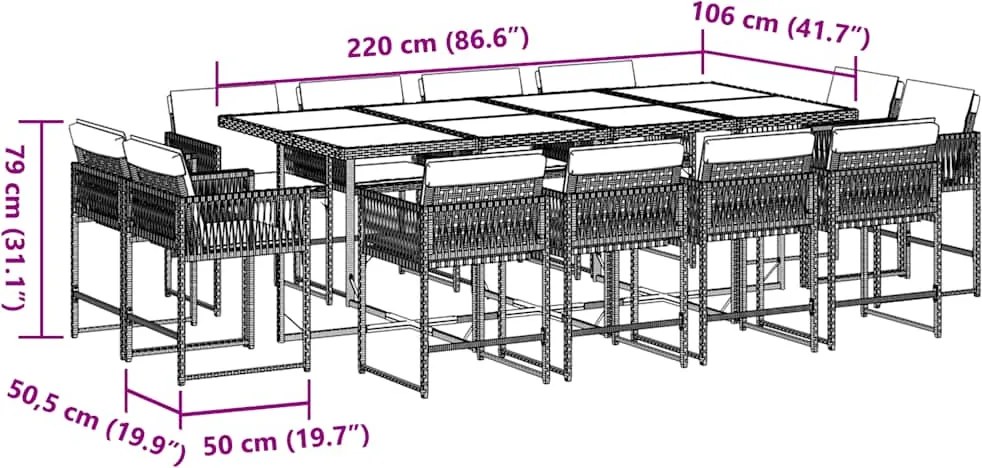 13dílný zahradní jídelní set s poduškami hnědý polyratan 3211581