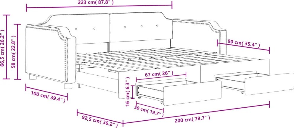 vidaXL Válenda s přistýlkou a zásuvkami 90 x 200 cm textil [3197670] Barva: světle šedá