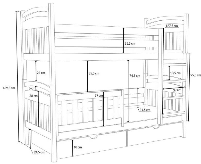 Dětská patrová postel z masivu borovice ADAM se šuplíky - 200x90 cm - PŘÍRODNÍ BOROVICE