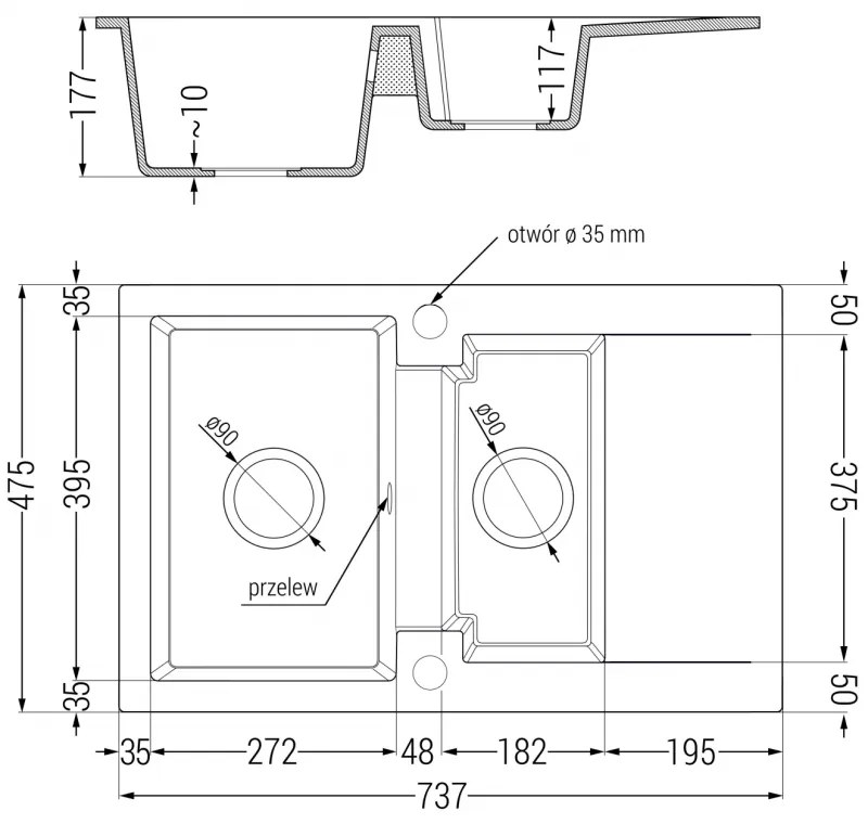 Mexen Gaspar 1,5-miskový granitový dřez s odkapávačem 737 x 475 mm, Černá/Zlatá kovová, sifon Zlatá - 6507731505-75-G