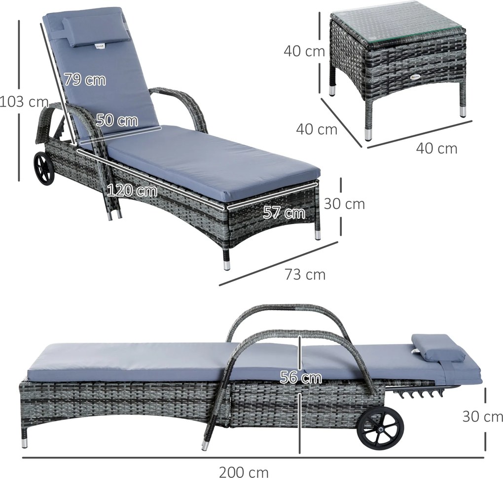 Outsunny Zahradní Lehátka s Bočním Stolkem - 3-dílná Sada Zahradního Nábytku, Polyrattan+Metal Šedý