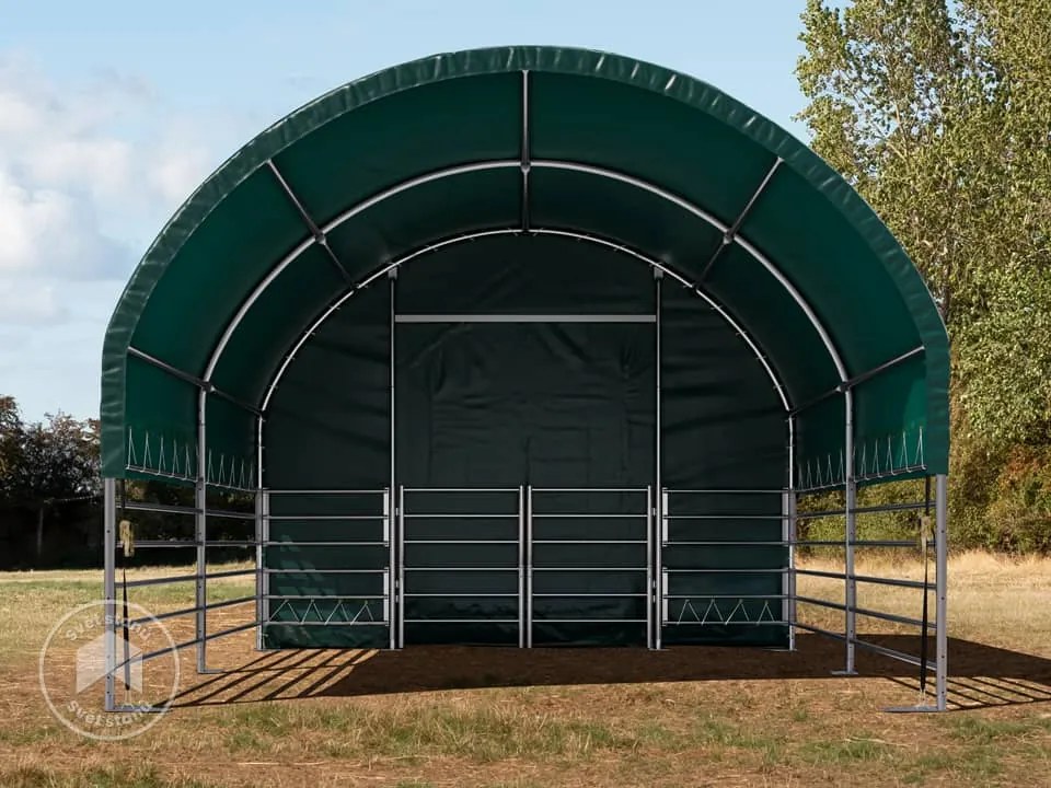 TOOLPORT Pastevní přístřešek pro zvířata 4x4 m, plachta z PVC, tmavě zelená, ukotvení do betonu - (330613)