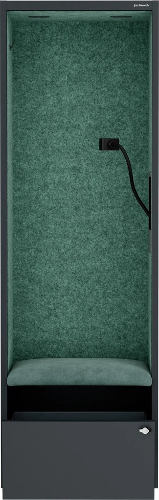Kancelářská akustická kabina se sedátkem a USB-C portem, korpus antracitový / sedák zelený, 600 mm: SALLY MentalBox