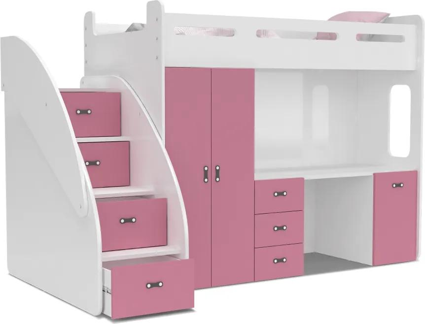 Patrová postel ZUZKA PLUS včetně psacího stolu (různé barvy), Růžová
