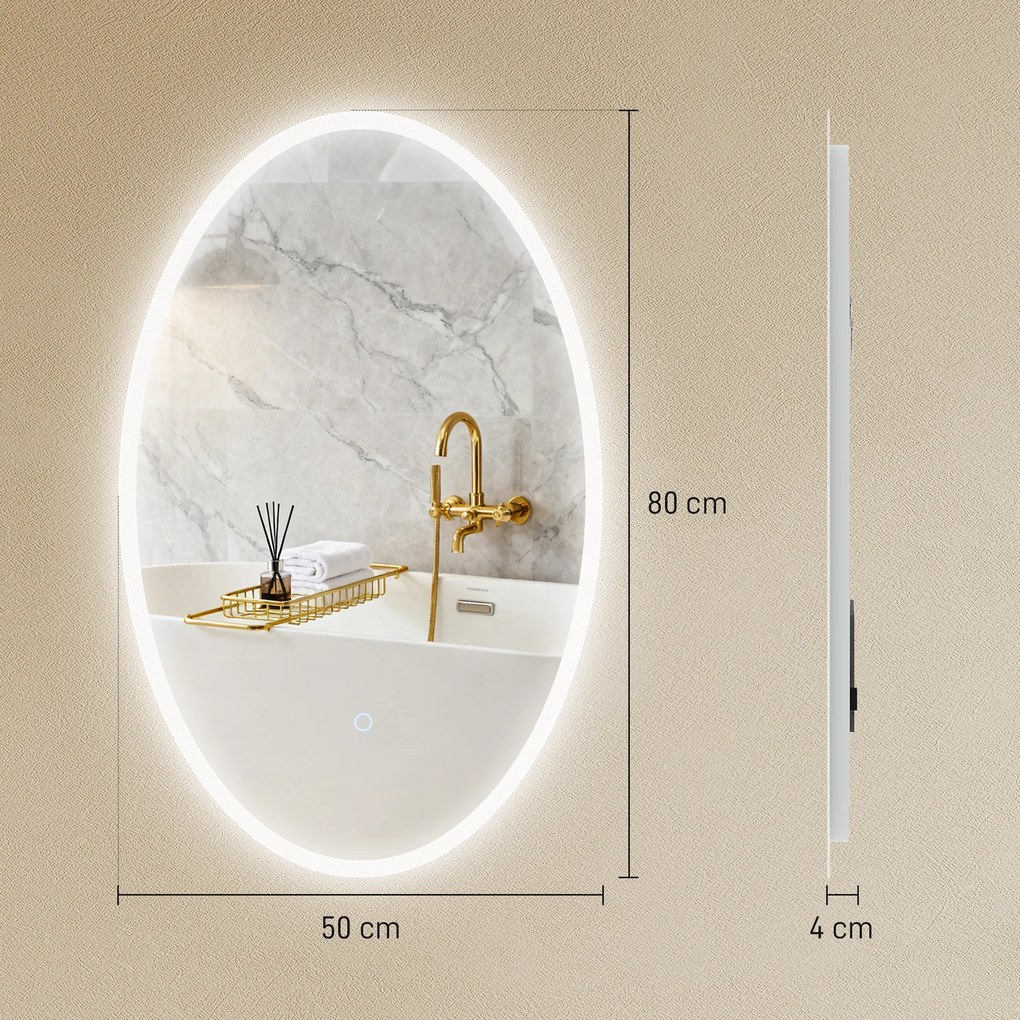 HOMCOM koupelnové zrcadlo s osvětlením 80 x 50 cm, oválné LED zrcadlo, proti zamlžení, 3 barvy světla, stmívatelné, transparentní