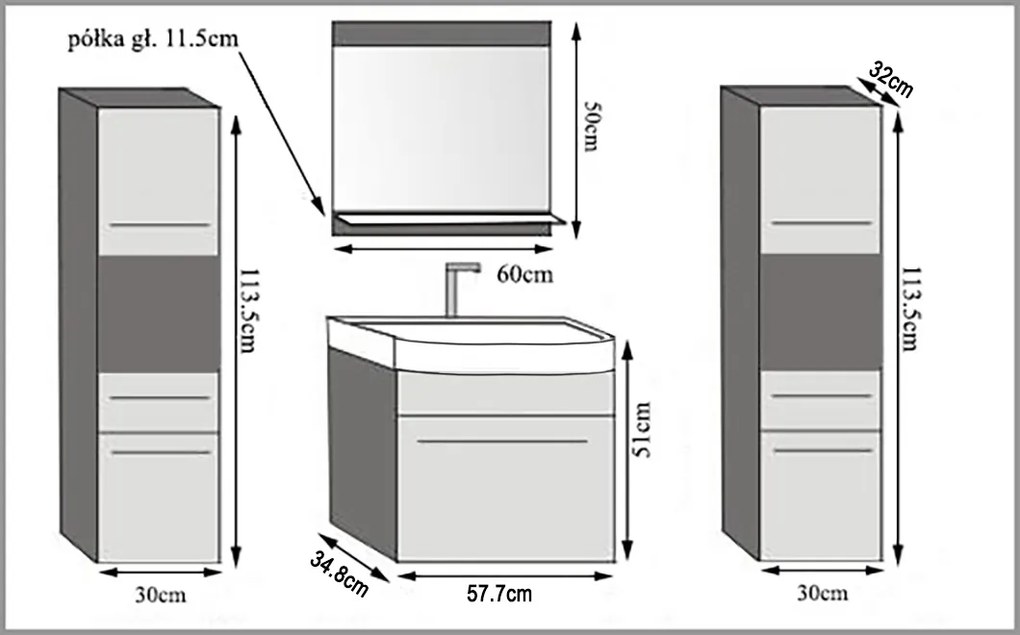 Koupelnový nábytek Belini šedý lesk / šedý mat + umyvadlo + zrcadlo  ROD PM 6/0/W/SSR/0/ZW