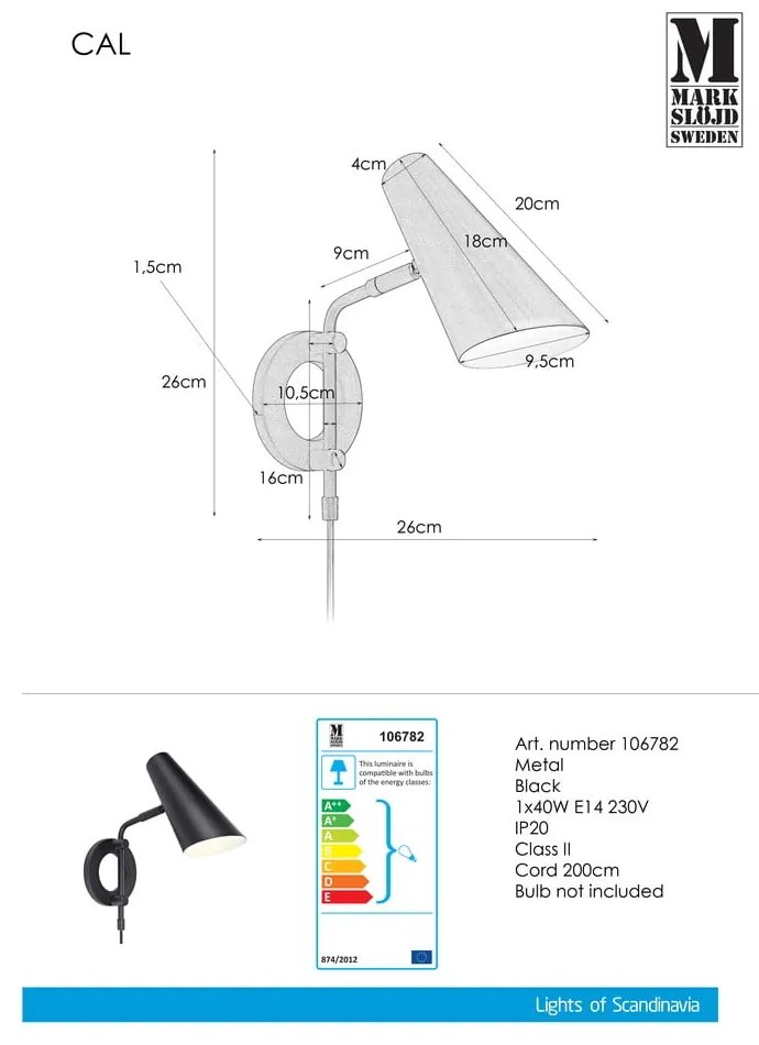 Černé nástěnné svítidlo do zásuvky ø 9,5 cm Cal – Markslöjd