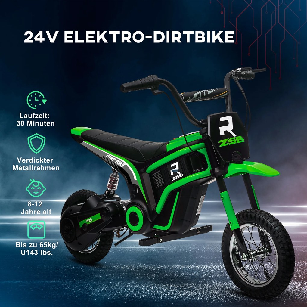 HOMCOM Dětská elektrická motorka 12V s klaksonem a světlem, 8-16 km/h, otočný plyn, pro děti 8-12 let, zelená | Aosom.de