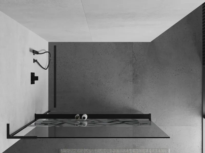 Mexen Kioto+ L, sprchová zástěna Walk-In s poličkou a věšákem 90 x 200 cm, 8mm čiré sklo bílý vzor, ​​černý profil, 800-090-123-70-85