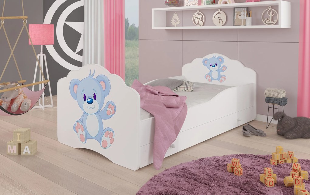 ADRK Postel CASIMO BLUE BEAR, CH-Cas-Blu-Bea-160-E128, 160x80 cm se zásuvkou a matrací, bílá/grafika