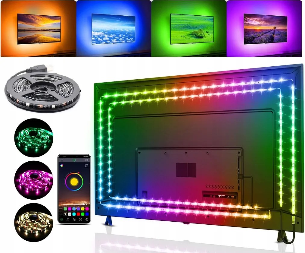 Led pásek Rgb 5 m Usb Tv Bluetooth Aplikace Barevná Glowled Paměť Barvy