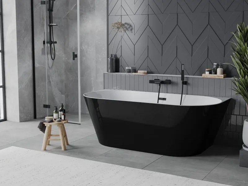 Mexen Oval Slim volně stojící vana k přisazení ke stěně 170 x 80 cm, bílá/černá, přepad černý - 52661708075-70