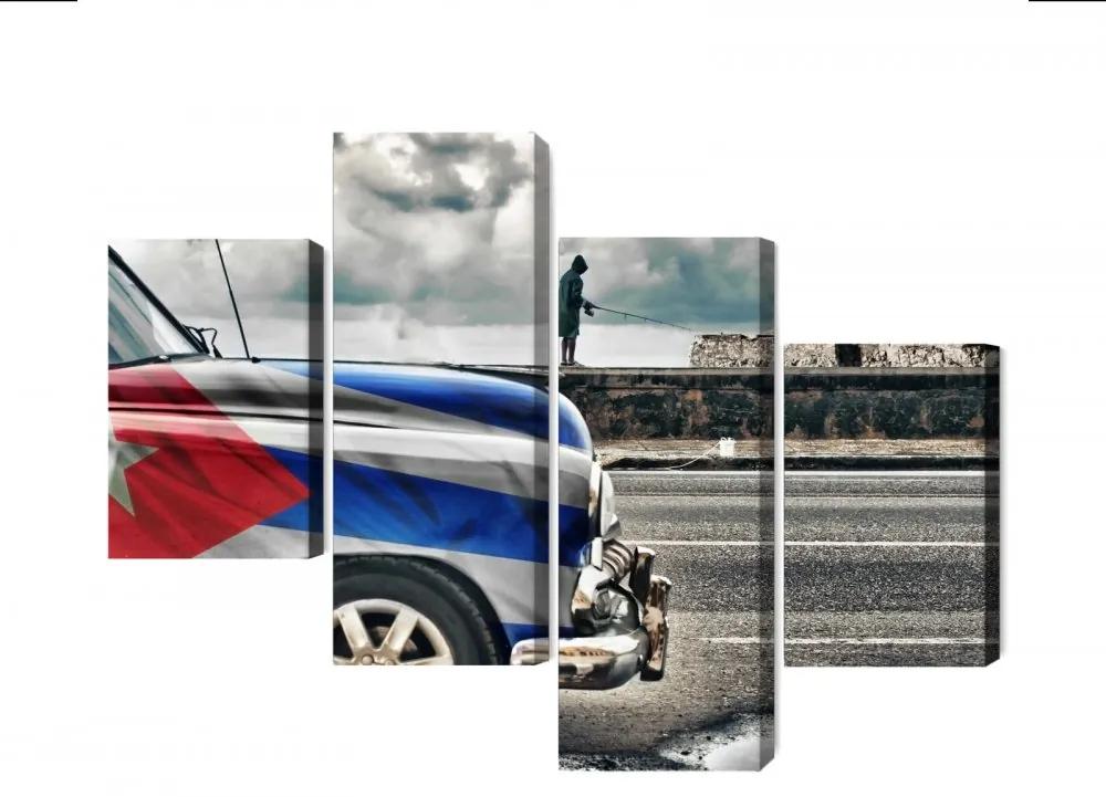 Vícedílný obraz Auto S Kubánskou Vlajkou V Ulicích Havany Nedostatek Nedostatek Plátno Canvas 120x75