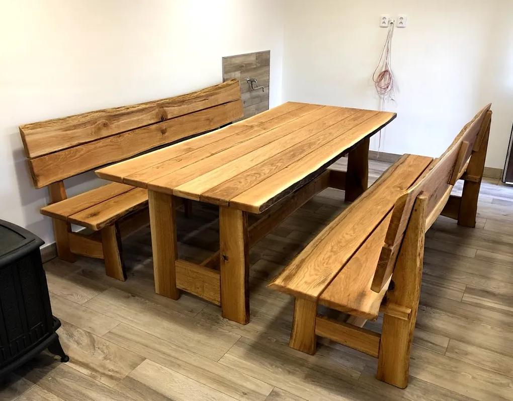 KULHÁNEK Zahradní dubová sestava - stůl, 2x lavice s opěradlem (rustikální provedení) Délka: 150 cm, Odstín nátěru: individuální