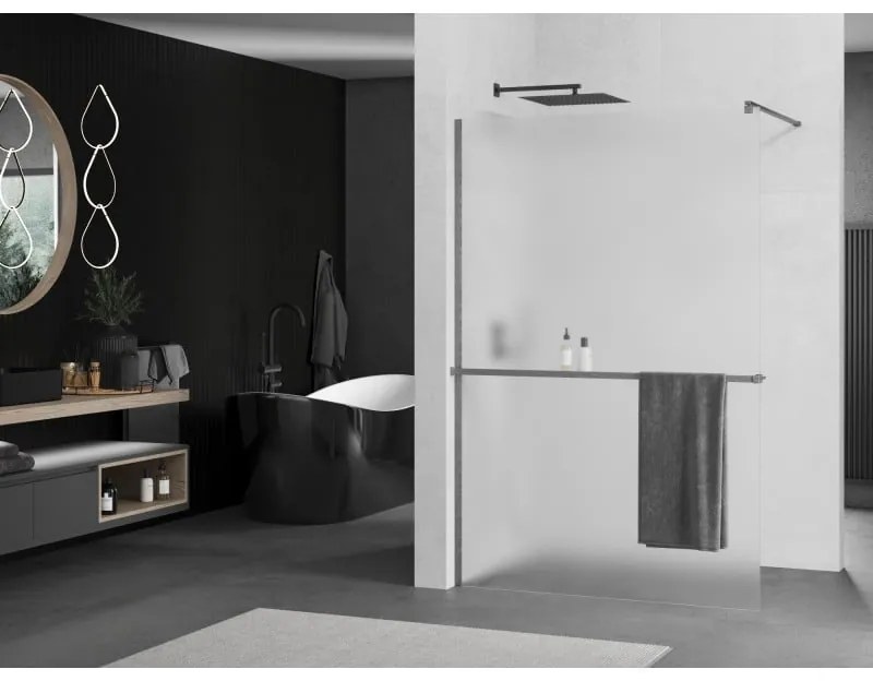 Mexen Kioto+, sprchová zástěna Walk-In s poličkou a věšákem 110 x 200 cm, 8mm sklo námraza, grafitový profil, 800-110-121-66-30