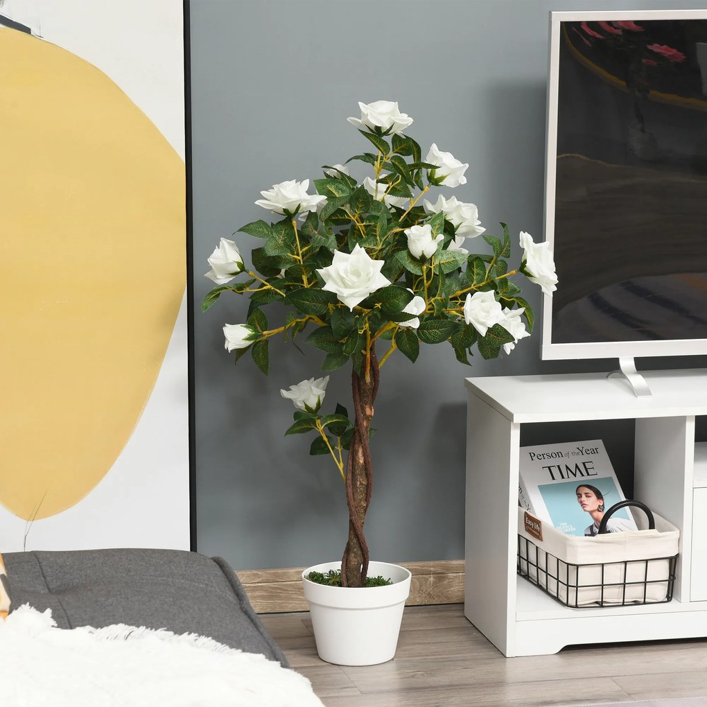 Outsunny Velká Umělá Růžová Rostlina 90cm – Umělá Rostlina, Plastový Růžový Strom v Květináči, Realistický Umělý Strom pro Moderní Dekoraci do Obývac…