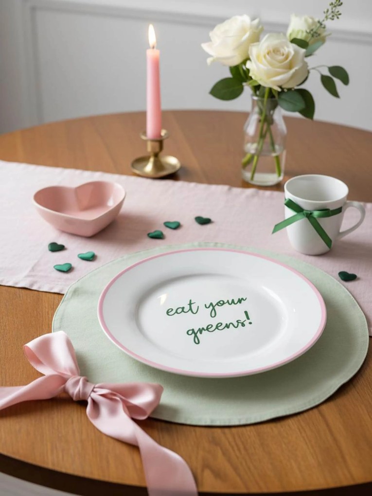 Sinsay - Keramický talíř s nápisem "eat your greens!" a růžovým okrajem - pastelová růžová