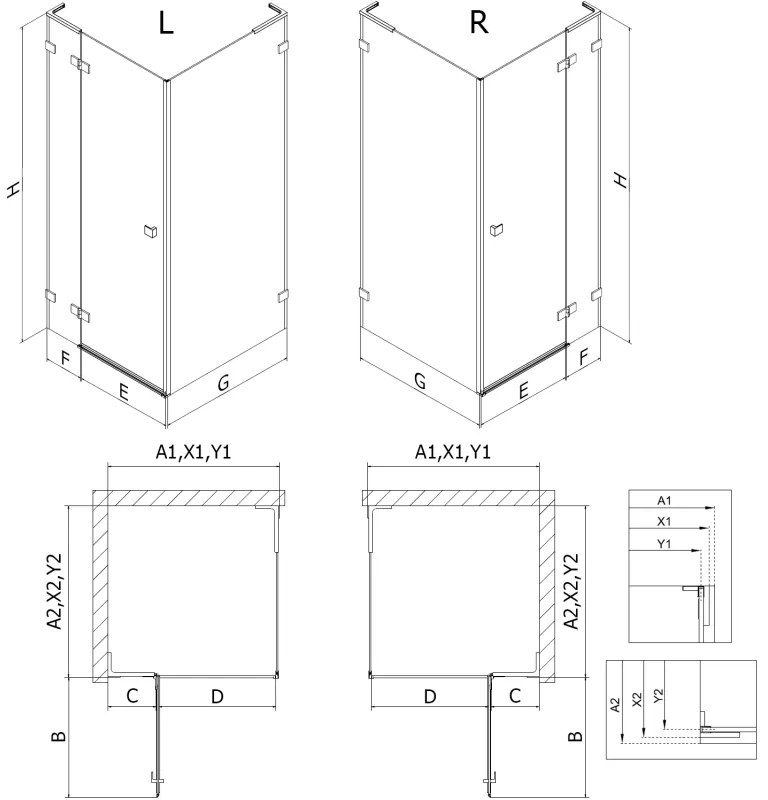 Mexen Lunar, L pravý výklopný sprchový kout 80 x 80 cm, 8mm čiré sklo, černý profil, 834L-080-080-70-00-P