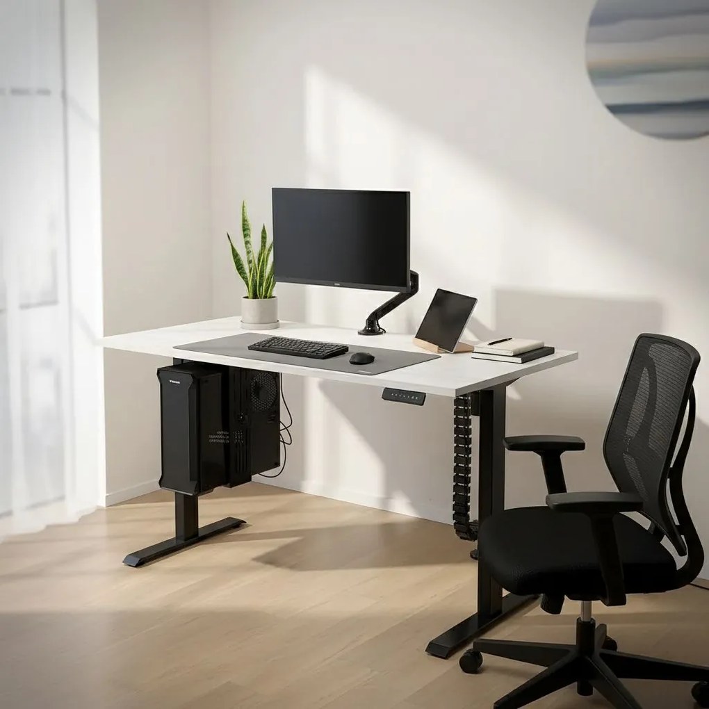 Výškově nastavitelný stůl OfficeTech B, 140 x 80 cm, černá podnož, bílý jasan