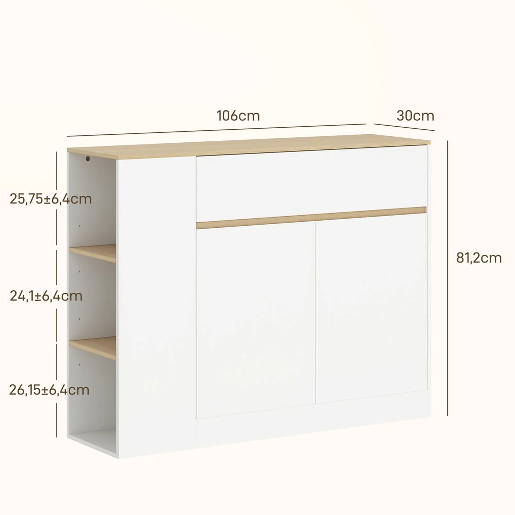 Sideboard, großes Schrankfach, 3 Ablagefächer, Schublade, 106 x 30 x 81,2cm, Weiß/Holz