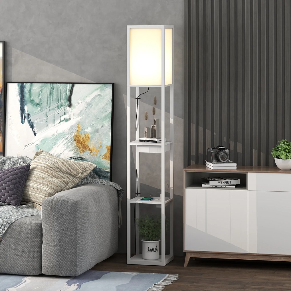 HOMCOM Stojací lampa s 3stupňovou policí, nožní spínač, USB porty, MDF, bílá