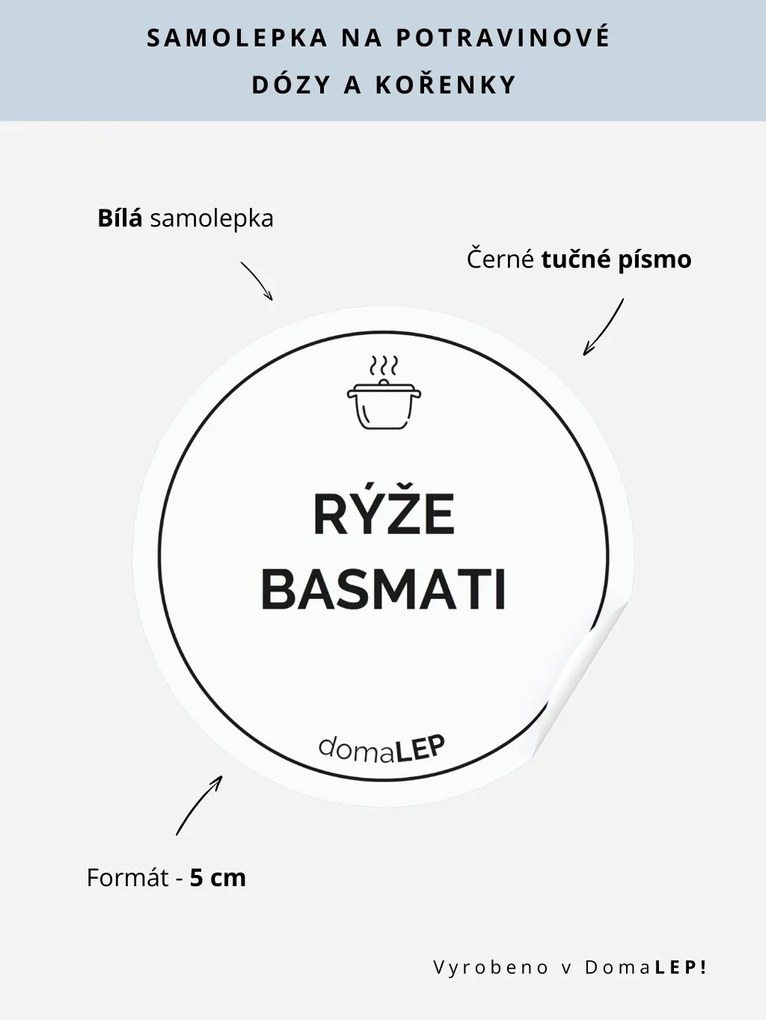 RÝŽE BASMATI – bílá samolepka na dózu, tučné písmo, 5 cm | DomaLEP