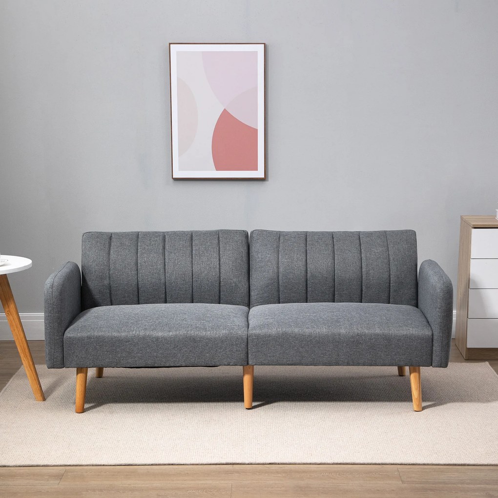 HOMCOM Rozkládací pohovka 2místná, rozkládací pohovka s funkcí spaní, polyester podobný lnu, kaučukové dřevo, šedá, 173x75x73cm