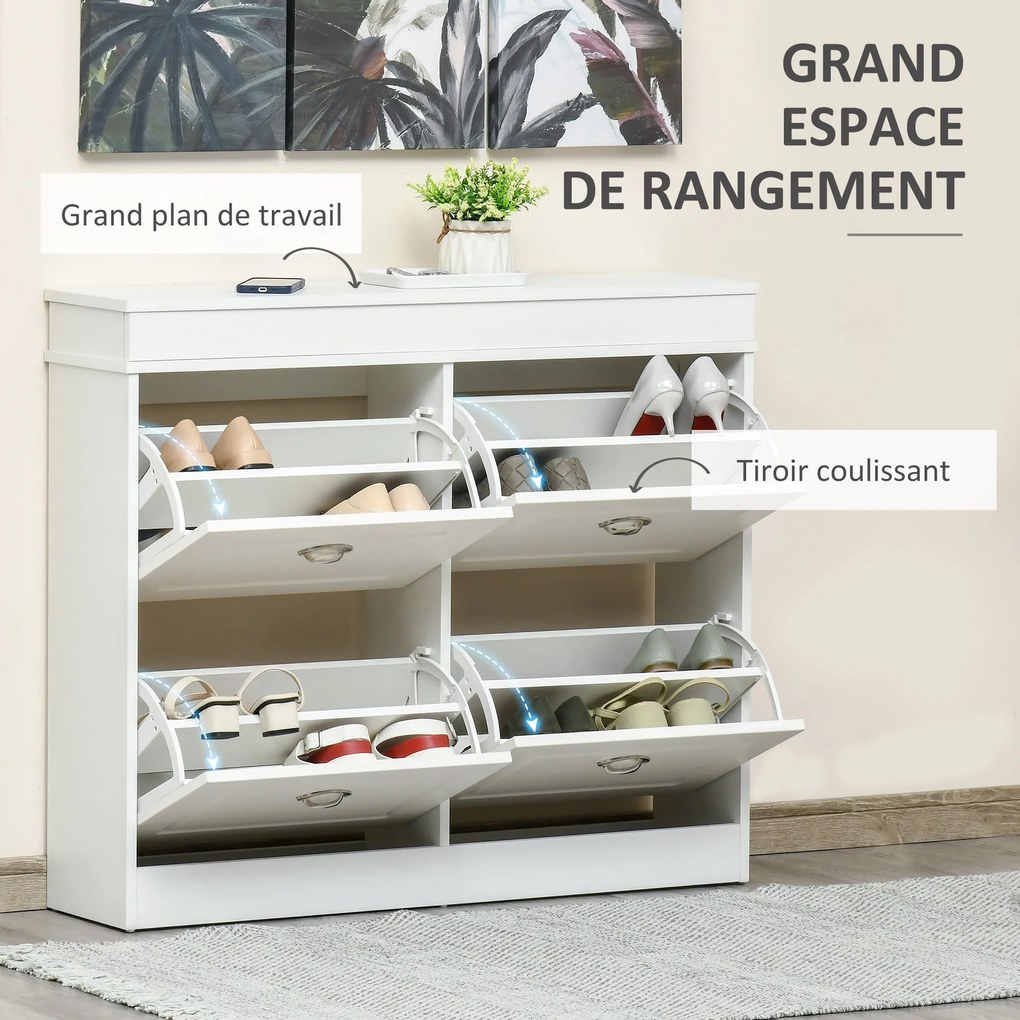 HOMCOM Skříň na boty Úložná jednotka na boty rozměry 98D x 24Š x 83V cm 4 výklopné dvířka Dvojitá úroveň MDF Bílá