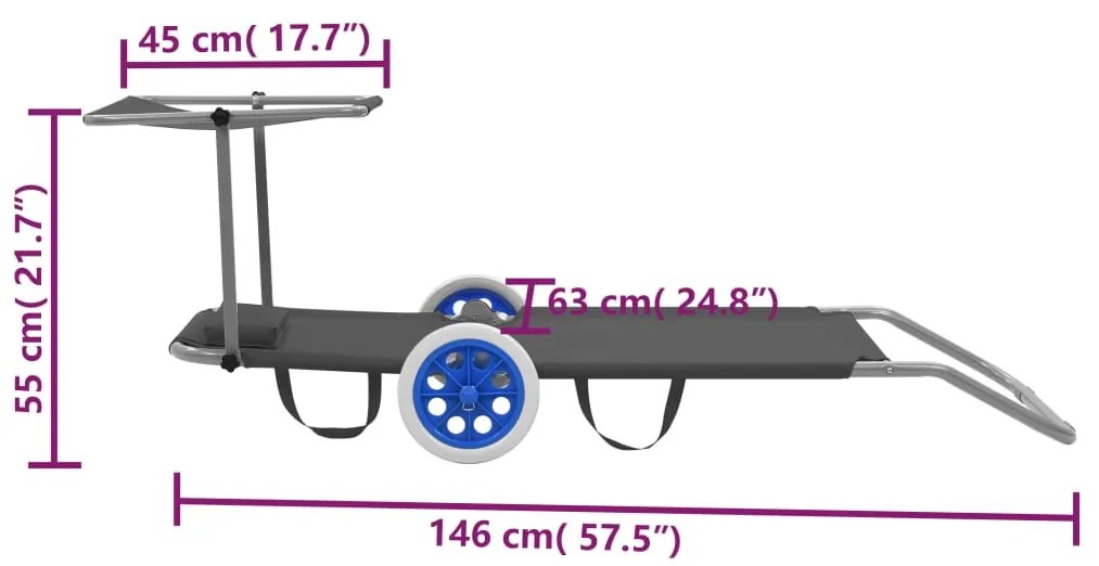vidaXL Marketos Skládací zahradní lehátko se stříškou a kolečky ocel šedé