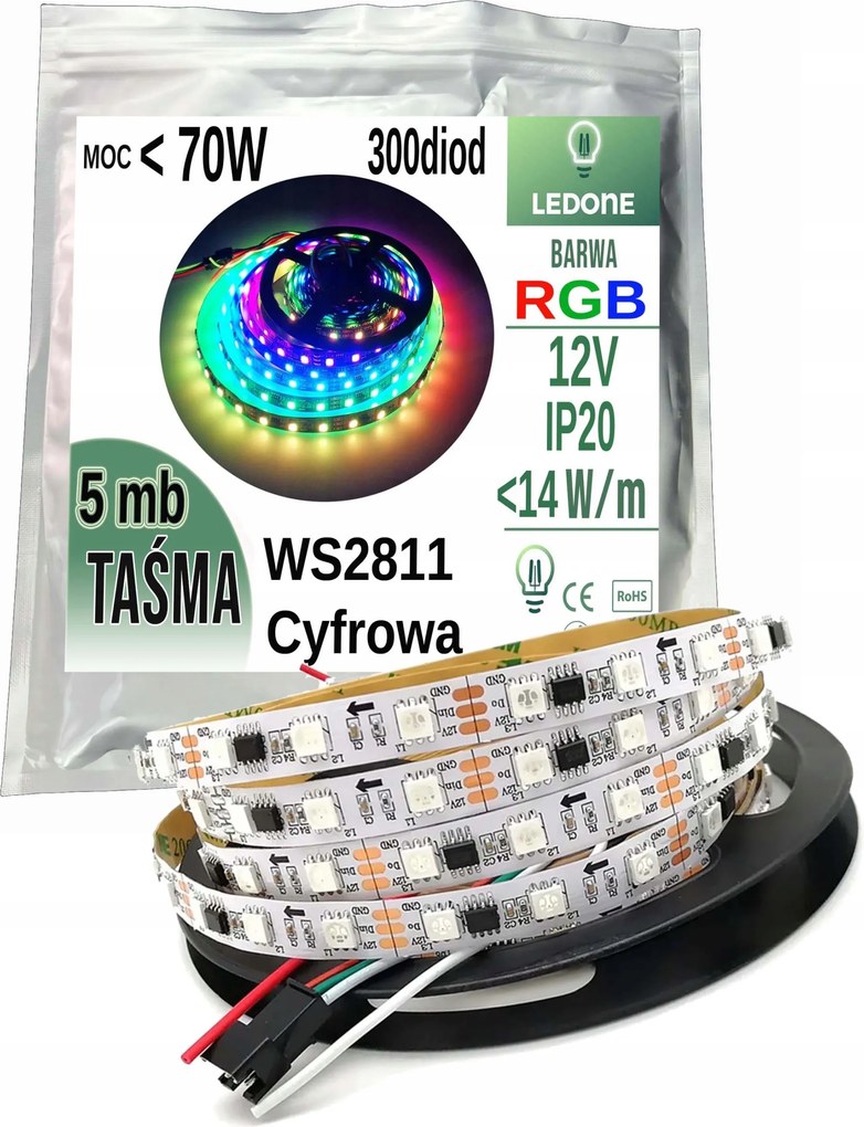 Led pásek Rgb IP20 smd 300d 12V 70W Magic WS2811 adresovatelný digitální 5 m