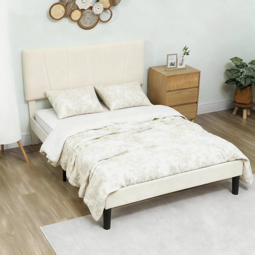 HOMCOM manželská postel 140 x 190 cm postel pro 2 osoby, nastavitelné čelo postele, lamelový rošt 150 x 198 x 101/106/111/116/121 cm, krémová
