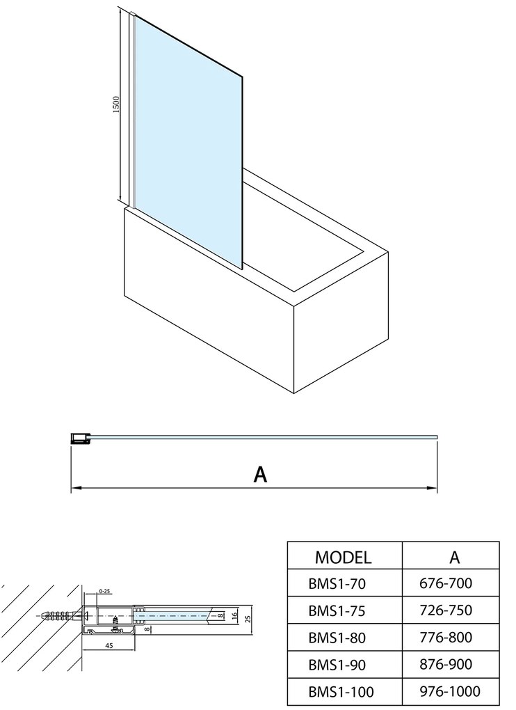 Polysan MODULAR SHOWER vanová zástěna 1000x1500mm, čiré sklo BMS1-100