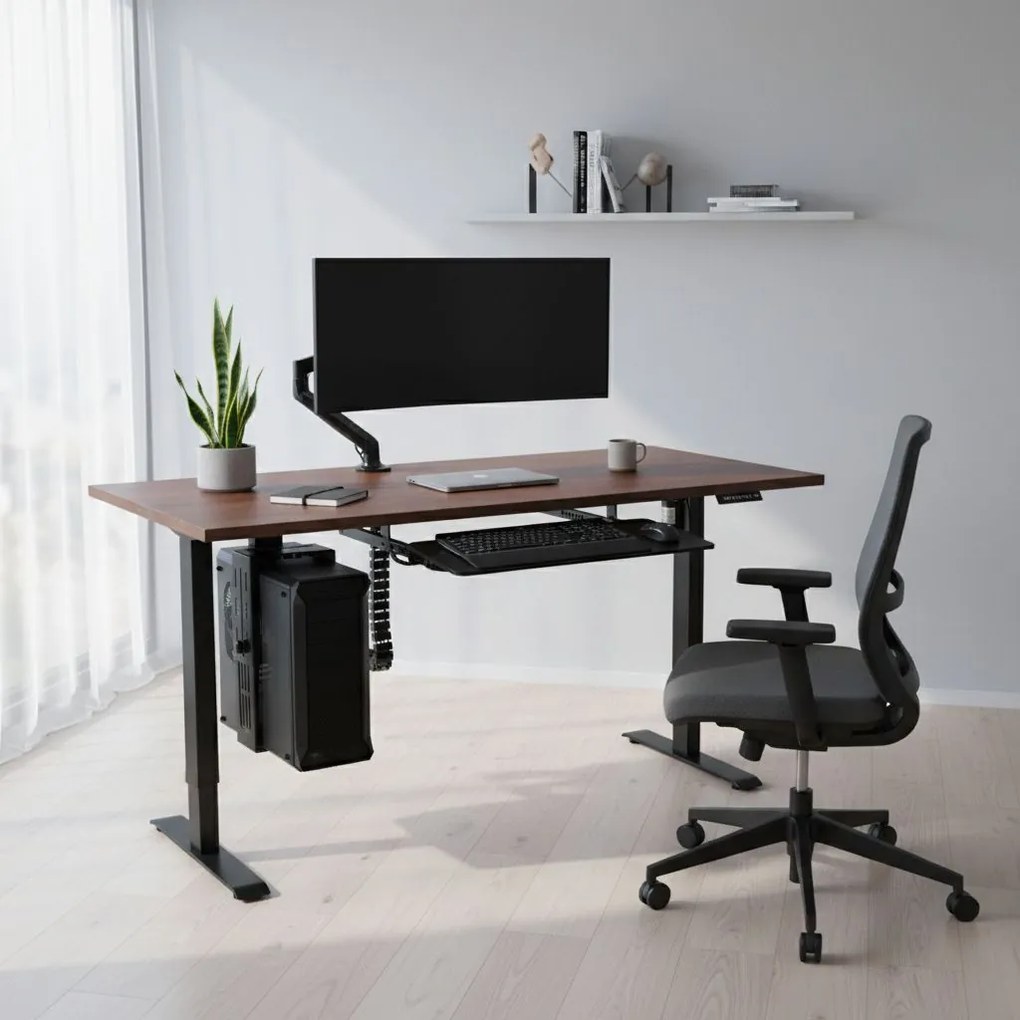 Výškově nastavitelný stůl OfficeTech A, 160 x 80 cm, černá podnož, ořech
