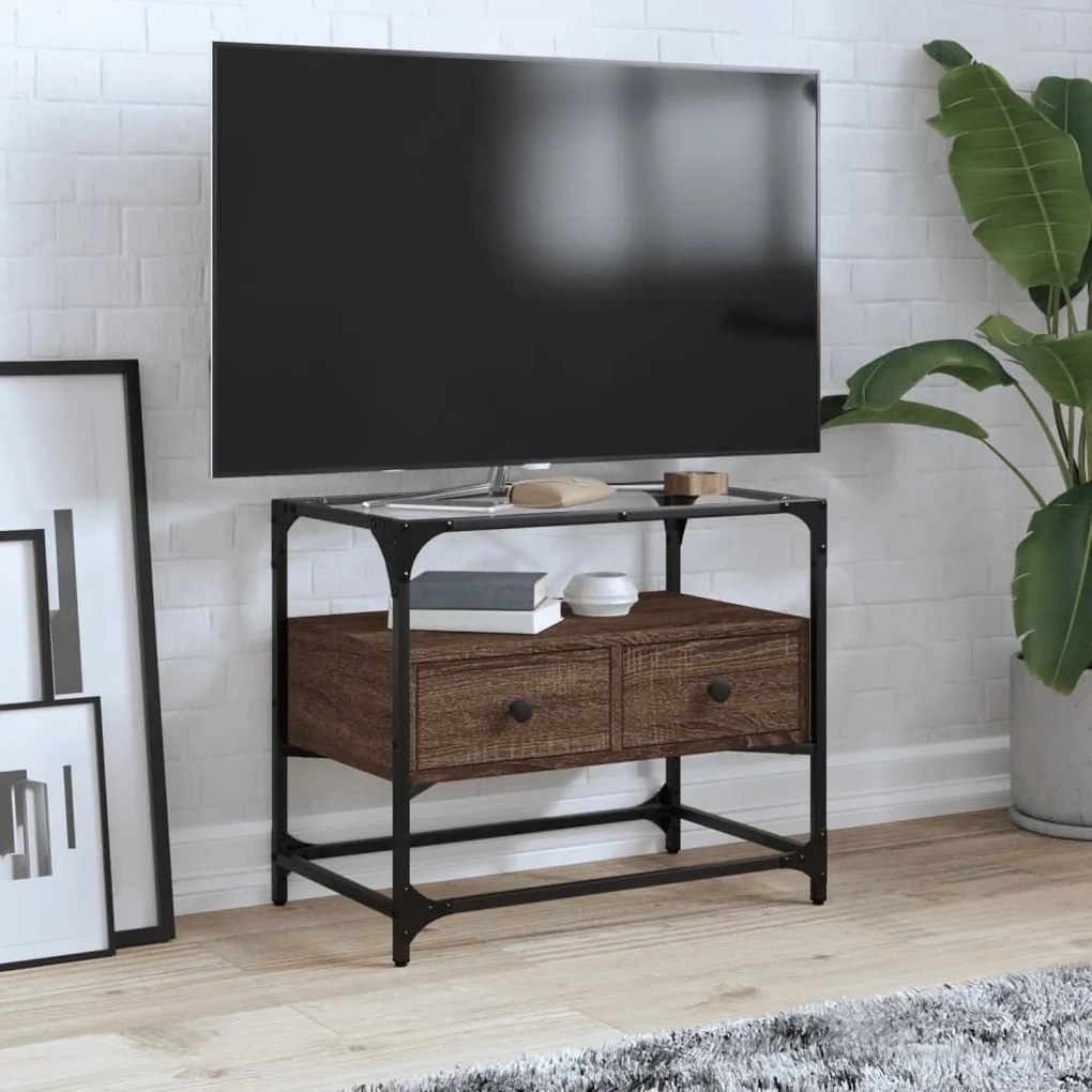 TV skříňka se skleněnou deskou hnědý dub 60x35x51 cm kompozit