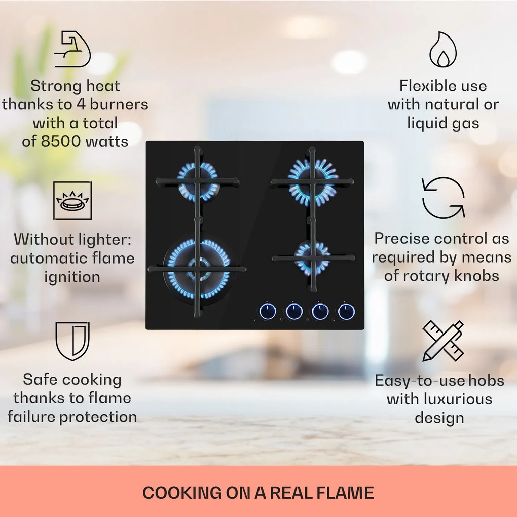 Klarstein Illuminosa 4, plynová varná deska, 4 hořáky Sabaf, sklokeramika