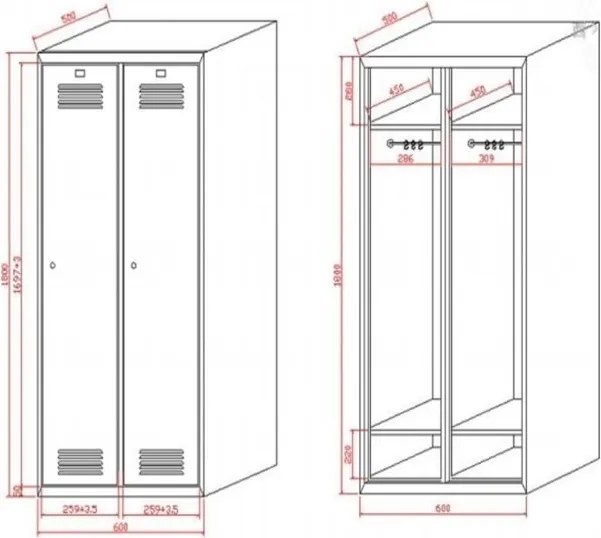 Kovová šatní skříňka S2, 2 oddíly, 1800 x 600 x 500 mm, cylindrický zámek, červené dveře